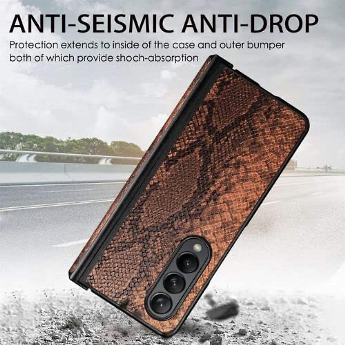 Python Skin Pattern Case for Samsung Galaxy Z Fold 4, Hinged Protection Case Compatible with Wireless Charging, Shockproof Anti-Scratch Protective Cover Case for Samsung Galaxy Z Fold 4 5G(Brown)