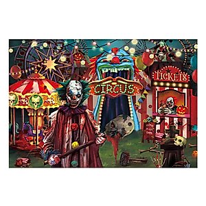 Funnytree 7x5ft Halloween Evil Circus Theme Backdrop for Photography Clown Creepy Carnival Haunted House Horror Scary Birthday Party Supplies Decorations Banner Home Decor Photo Booth Props Background