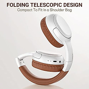LORELEI B-C5 Wireless Headphones Bluetooth On-Ear Headset Bulit in Microphone, 30H Playtime,BT 5.3 Lightweght Foldable Headphones for Tablet/Ipad/Travel/Kids/Teens/Adult (White-Brown)