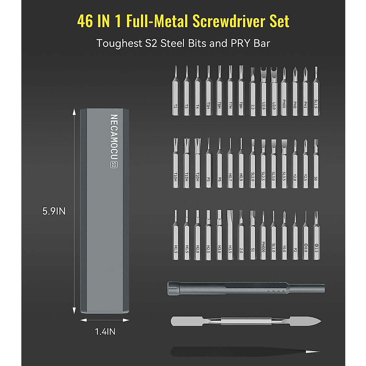 NECAMOCU Precision Screwdriver Set with Toughest S2 Bits, Durable 46 in 1 Mini Magnetic Repair Tool Kit for Electronics, Small Screwdriver Set for Computer, Phone, Laptop, Watch, Eyeglasses, Jewelry