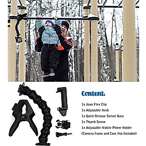 Niewalda Jaws Flex Clamp Mount with Adjustable Gooseneck, Upgrade Camera Mount Clamp with Cell Phone Holder & Rotation Base, Compatible with GoPro Hero All Series, DJI OSMO, Akaso, Action Cameras