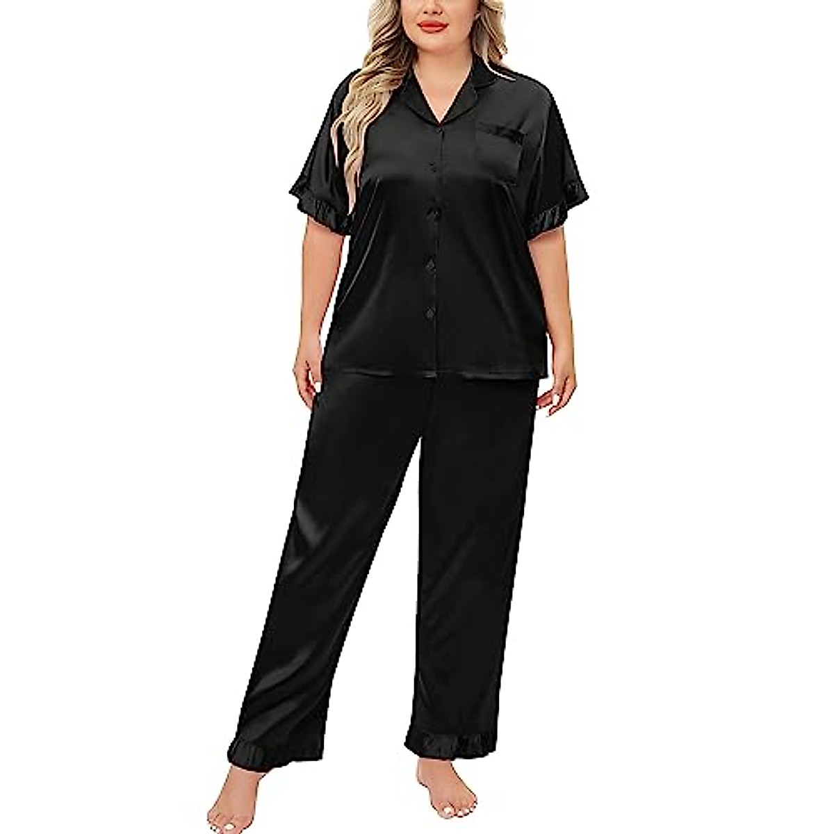 SWOMOG Womens Satin Plus Size Pajamas Silk Short Sleeve Pjs Sets Button Up Pajama with Ruffle Soft Loungewear Wedding PJs Black