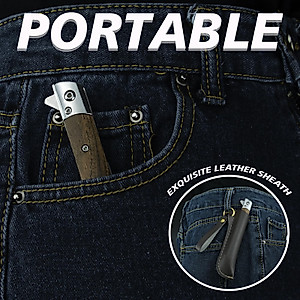 Ogival Pocket Knife for Men, 3.5 inch Folding Knife with Wooden Handle and Leather Sheath, Edc ​Tanto Knife for Men and Women