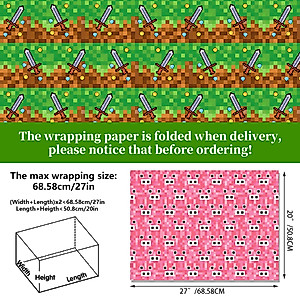 12 Sheets Pixel Style Gift Wrapping Paper,Pixel Miner Pattern Wrapping Paper For Video Game Party DIY Gift Packing Miner Crafting Birthday Party Favor, 20 x 27 Inch