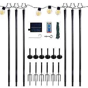 Sandinrayli String Light Poles, Set of 6 Outdoor Black Metal Poles for Hanging String Lights. Sturdy Hanging Pole for Outdoor String Lights, Creating an Enchanting Ambiance in Your Patio or Garden.