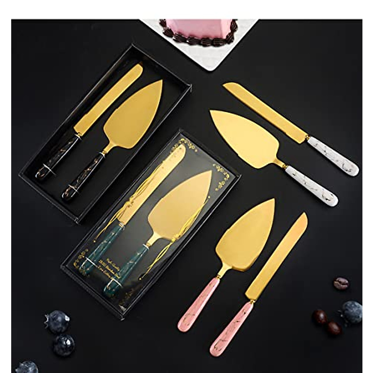 AXIAOLU Wedding Cake Knife and Server Set, Gold Cake Knife Set for Wedding, Stainless Steel Ceramic Handle Cake Pie Serving Set Gift for Anniversary Birthday Parties (White)