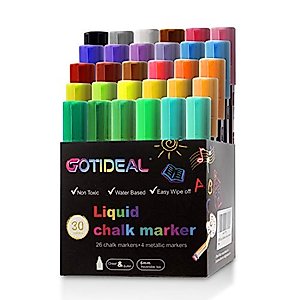 GOTIDEAL Liquid Chalk Markers, 30 colors Premium Window Chalkboard Neon Pens, Including 4 Metallic Colors, Painting and Drawing for Kids and Adults, Bistro & Restaurant, Wet Erase - Reversible Tip