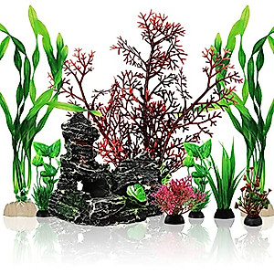 PietyPet Fish Tank Decorations Plants with Resin Cave Rock View, 9pcs Aquarium Decorations Plants Plastic,Fish Tank Accessories, Fish Cave and Hideout Ornaments, Aquarium Decor
