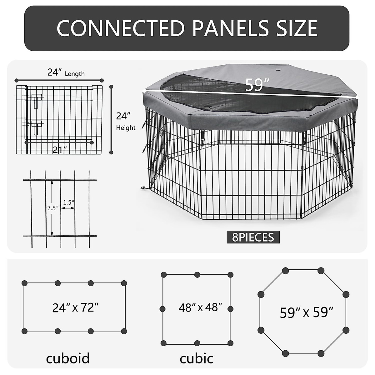 PETIME Foldable Metal Dog Exercise Pen/Pet Puppy Playpen Kennels Yard Fence Indoor/Outdoor 8 Panel 24" W x 24" H with Top Cover (with top Cover, 8 Panels 24" H)
