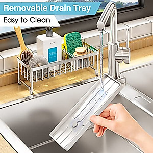 Sponge Holder for Kitchen Sink, Sink Caddy, Rustproof 304 Stainless Steel Dish Sponge Organizer with Divider, Soap Dish Dispenser Brush Holder Storage, Silver