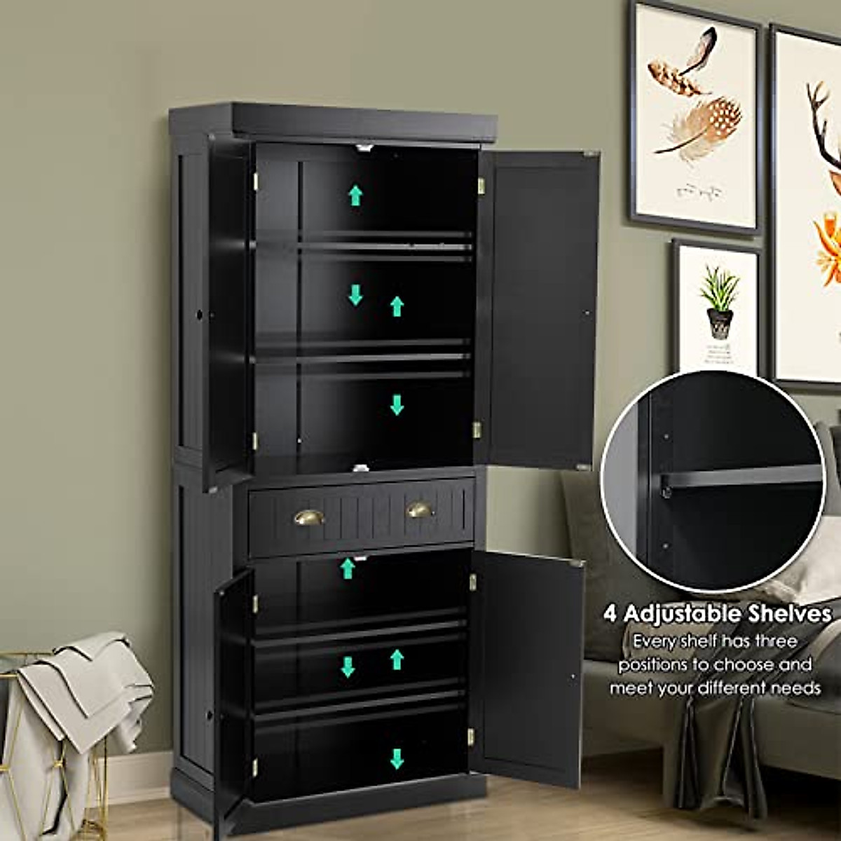 Tangkula 72" H Kitchen Pantry Cupboard Cabinet, Traditional Freestanding Large Tall Storage Cabinet with 2 Cabinets and Drawer, Adjustable Shelves Design, for Living Room Kitchen, 30 x 16 x 72 Inch