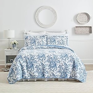 Laura Ashley - King Quilt Set, Reversible Cotton Bedding with Matching Shams, Home Decor for All Seasons (Bedford Delft Blue, King)