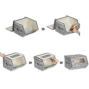 SONGMICS Stackable Storage Bins Set of 2, Fabric Storage Boxes with Lids, Storage Cubes with Magnetic Closures, Front Windows, Lids Can Stay Open after Stacking, Light Gray URLB002G02