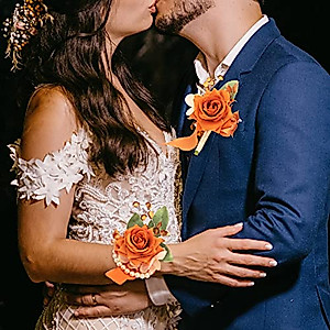 Weslymoo Burnt Orange Rose Wrist Corsage and Boutonniere Set Artificial Prom Flower Corsage Wristlet Band Bracelet and Boutonniere for Men Wedding Accessories Prom Stuff Decorations