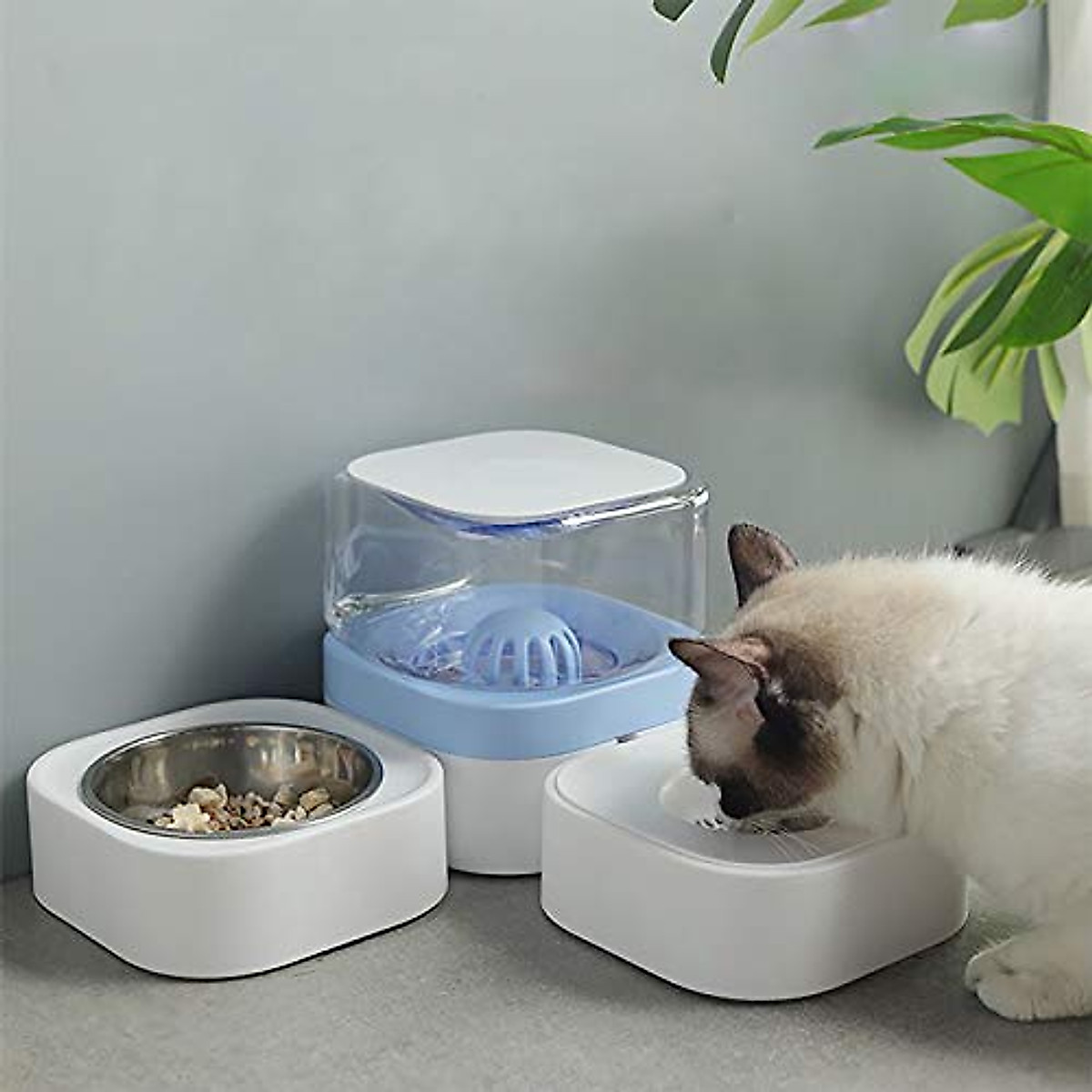 PetEiZi 2 in 1 Pet Automatic 1.8L Large Unplugged Dog Water Dispenser Cat Food Feeder Bowls Detachable No-Spill for Kitten, Small Puppy Dogs - Green
