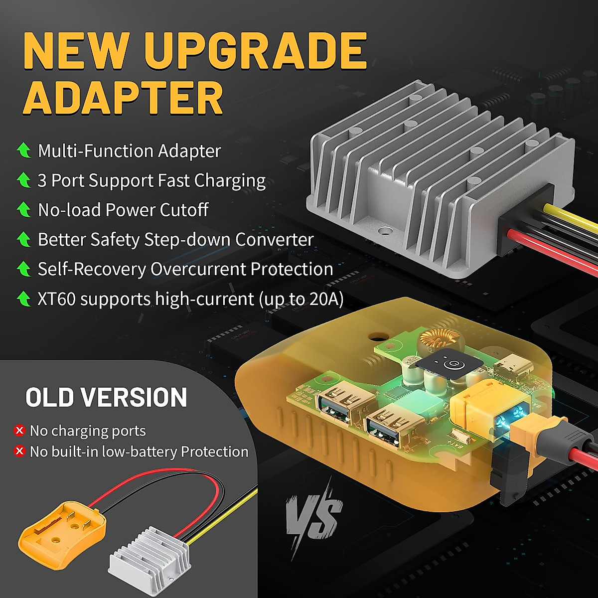 Azocek 20V to 12V Step Down Converter for DeWalt 20V Battery Adapter & New Upgrade USB Charger Adapter, DC 12V Resistive Loads 20A 240W Buck Converter Regulator (1-Pack)