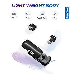 Lenovo True Wireless Earbuds Bluetooth 5.0 IPX5 Waterproof with USB-C Quick Charge and Built-in Microphone for Work/Travel/Gym (Black)