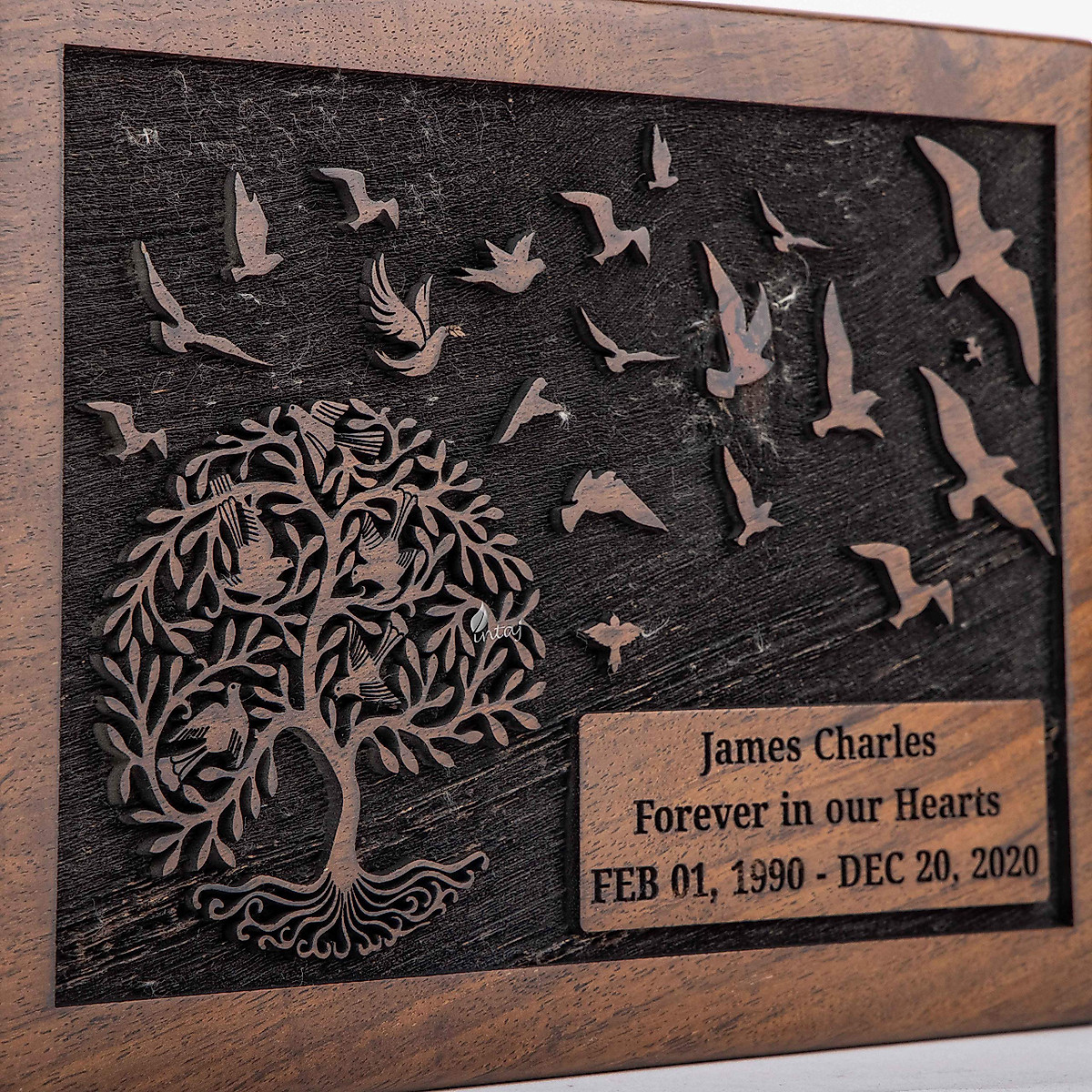 INTAJ Cremation Urn for Human Ashes Adult Male Female - Tree of Life Wooden Box Urn for Ashes - Handmade Decorative Funeral Urn (Customised Tree Birds, L (9x6x5) 185 Cu/in)
