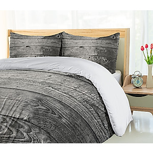 Ambesonne Dark Grey Duvet Cover Set, Ombre Style Grunge Wooden Planks Rustic Timber Oak Wall Rough Texture Image, Decorative 3 Piece Bedding Set with 2 Pillow Shams, Queen Size, Grey Black