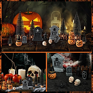 W1cwey Halloween Village Scene Ornaments Accessories, Set of Pumpkin, Tombstones, Skeletons, Spiders, Black Cat, Pine Trees, Resin Miniature Garden Scene Decor for Halloween Party