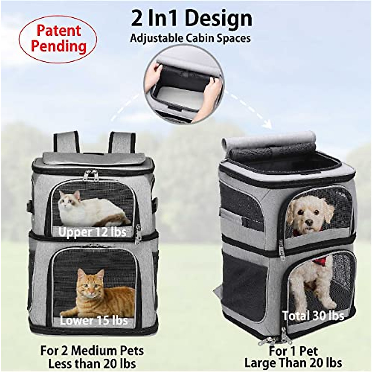 Cat Backpack Carrier for 2 Cats, Cat Carrier for Large Cats, Dog Backpack for 2 Small Dogs, with 7 Ventilation Windows, Built-in Frame and Support Plate, Safety Straps, Collapsible, Beviliu