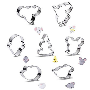 Cute Mouse Shaped Cookie Cutters Set of 7 pcs, Stainless Steel Mice Head Rat Cheese Series Fondant Cut-outs Set Baking DIY Molds