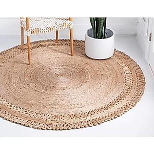 Unique Loom Braided Jute Collection Classic Quality Made Natural Hand Woven With Circle Swirl Details Area Rug, 4' 0 x 4' 0 Round