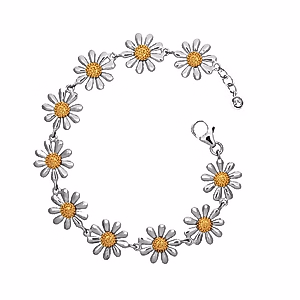 Paul Wright 925 Sterling Silver Daisy Bracelet, 10 Daisies with 18K Gold Plated Centres, 7” plus 1” Extender