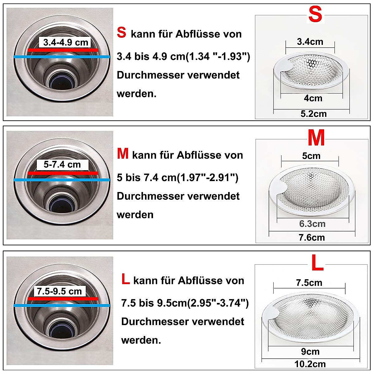 Fayonnir Stainless Steel Drain Strainer, 2 Pieces Drain Strainer Perfect for Kitchen Sink, Strainer Shower, Bathtub, Available in Three Sizes (Large)