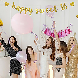 Happy Sweet 16 Banner, 16 and Fabulous, Cheer to 16 Years, Gold Glitter Happy 16th Birthday Party Decorations Supplies
