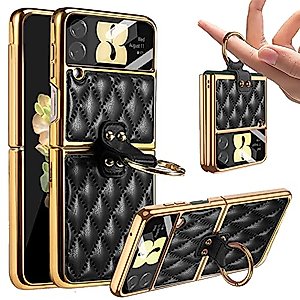 Miimall for Samsung Galaxy Z Flip 4 Leather Case with Ring Holder Stand, Luxury Rhomboid Leather Back Cover Electroplating Frame with Camera Lens Protector Case for Galaxy Z Flip 4 2022(Black)