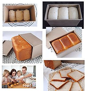 monfish Pullman Loaf Pan w Cover Bread Toast Mold corrugated loaf Pan w lid 1lb dough Alluminumed Steel Non Stick Gold (8.5X4.75X4.375INCH)