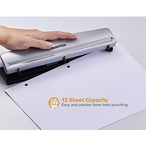 Bostitch Office Premium 3 Hole Punch, 12 Sheet Capacity, Metal, Rubber Base, Easy-Clean Tray, Silver, 2-Pack