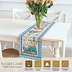 Easter Table Runner, Happy Easter Runner, Easter Bunny Eggs and Gnomes Blue Truck with Tulip Flowers Table Runners 72 Inches Long, Blue Buffalo Plaid Small Coffee Table Cloth for Home Dining Room