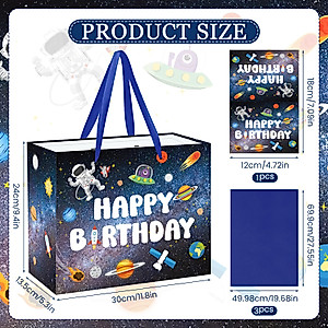 Outer Space Birthday Gift Bag for Kids, Blue Gift Bag with Card Tissue Paper Rocket Planet Gift Bag Birthday Wrapping Paper Bags Outer Space Party Gift Bag Decorations for Boys Girls Birthday Party