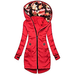 Women Sweatshirt Pullover Hoodies Fashion Sweatshirt Women Long Zipper Print Sleeve Jacket Coat Floral Pocket Women's Coat Zip up Hoodies for Women Red