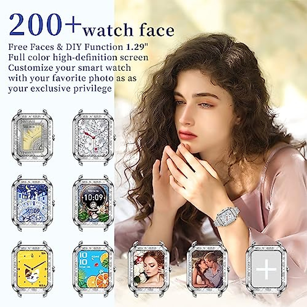 Smart Watch for Women Diamonds(Answer/Make Call),1.29''HD Touch Screen Smart Watch Android,Fitness Tracker with Heart Rate/Blood Oxygen/Sleep Monitor,Waterproof Smartwatch 3 Strap (Diamond Silver)