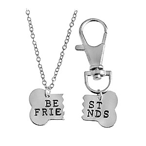 Meiligo® Fashion 2 Pcs Couples Alloy Dog Bone Necklace Key Chain Best Friends Puzzle Pendant Matching Dog Tag Necklace Set (Silver-2)