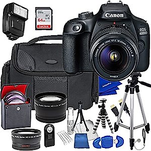 Canon Intl. Canon EOS 4000D DSLR Camera with Canon EF-S 18-55mm F/3.5-5.6 III Lens, ActionPro Bundle Includes 64 GB SanDisk Memory Card, Tripods, Flash, Bag, Filters and More (Large Kit)
