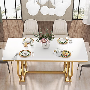 Tribesigns Modern Dining Table, 70.9 inches Wood Dinner Room Table for 6-8 People, Rectangular Kitchen Table with Gold Metal Circular Base for Kitchen, Dining Room, Living Room, White & Gold