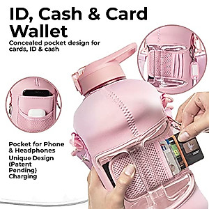 Half Gallon 2.2L Water Bottle With Straw 74oz Large Gym Water Bottle With Storage Sleeve, Bottle Brush, BuiltIn Wallet, Pockets for Phone & AirPod, BPA Free Big Sports Water Jug w/Carry Handle, Pink