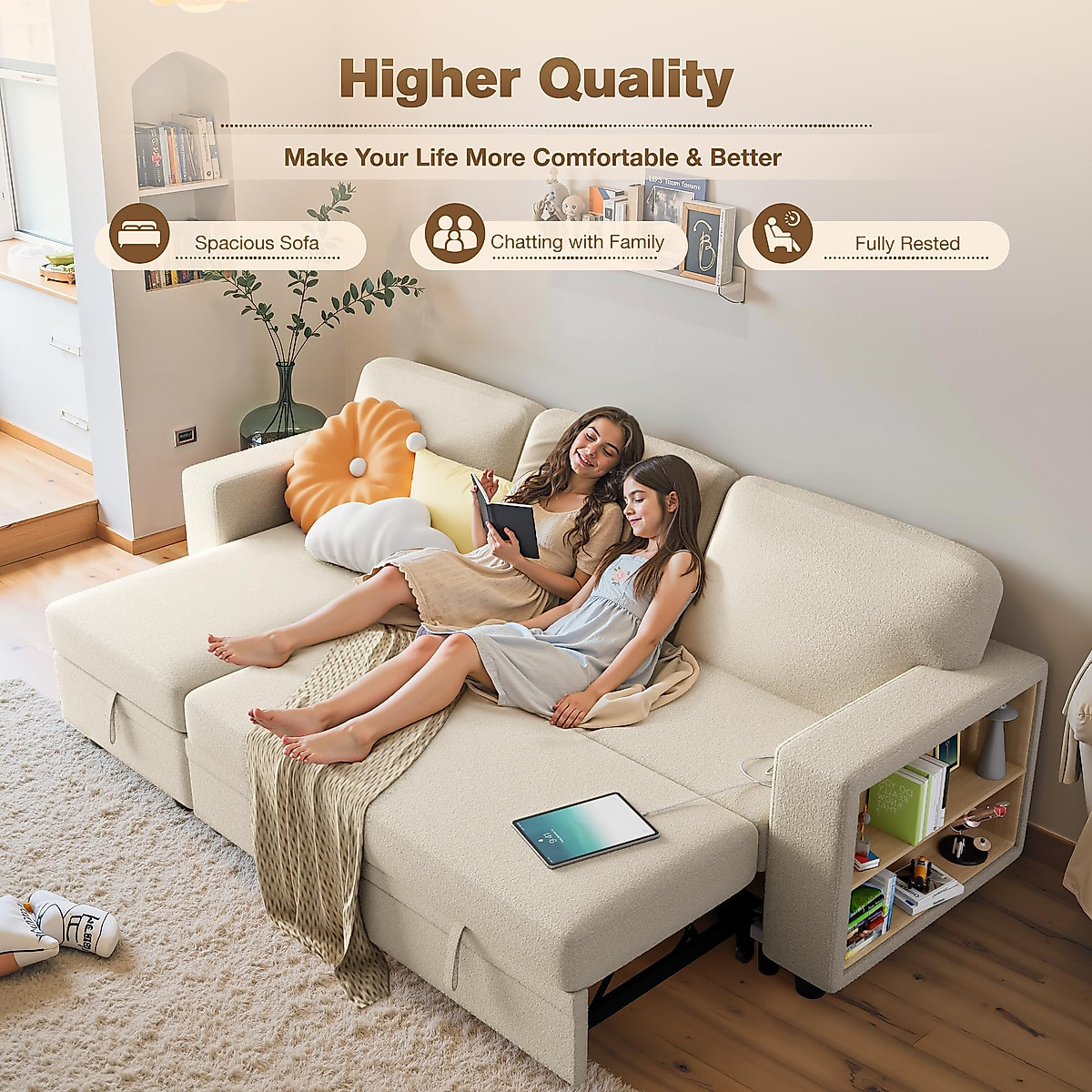 YESHOMY L-Shaped Sofa Bed Convertible Sectional Couch for Living Room with Pull Out Sleeper, Storage Chaise & 2 Built-in Bookcases, Light Beige