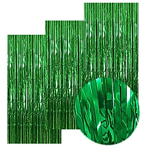 Green Foil Fringe Curtains, 3Packs 3.2ft x 8.2ft Green Streamers, Green Backdrop for Birthday Jungle Safari Tropical Themed Party Decorastions