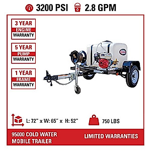 SIMPSON Cleaning 95000 Mobile Trailer 3200 PSI Cold Water Gas Pressure Washer System, 2.8 GPM, Honda Engine, Includes Spray Gun and Wand, 5 QC Nozzle Tips, Monster Series 3/8-in. x 50-ft. Hose