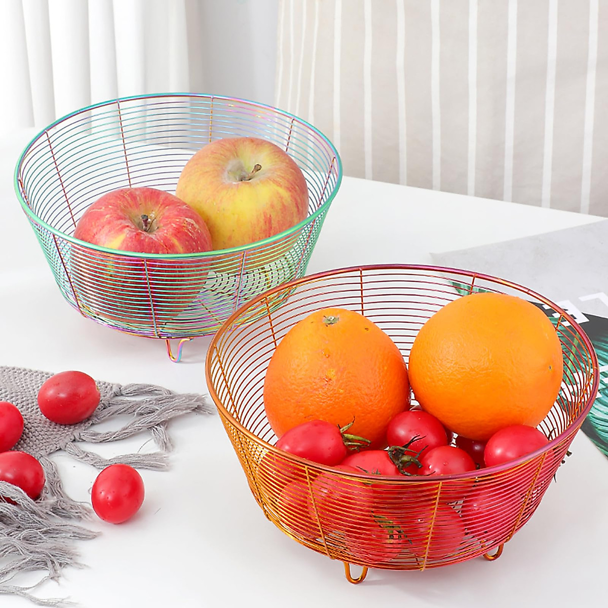 Meisha Round Fruit Bowl, Creative Mesh Fruit Dish Basket Bowl, Round Rainbow Large Metal Wire Storage Baskets, Modern Style Container for Fruit, Vegetables, Bread, Snacks - 8.46" Diameter