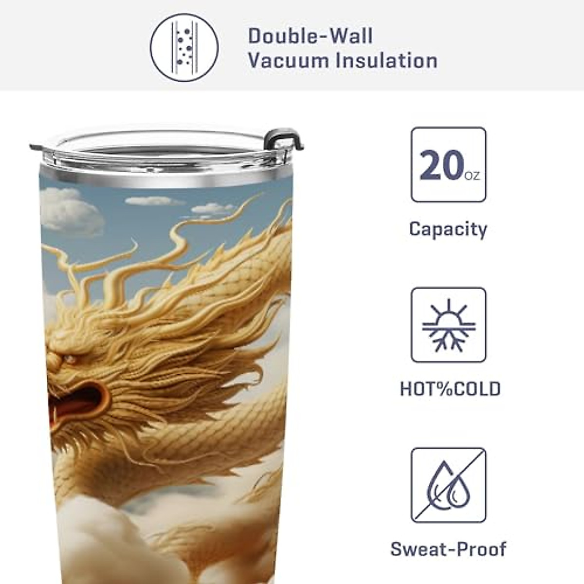 Wassud Golden Dragon 12 oz Tumbler with Lid and Straw Stainless Steel Double Wall Vacuum Tumblers Insulated Travel Coffee Mug for Cold and Hot Drinks