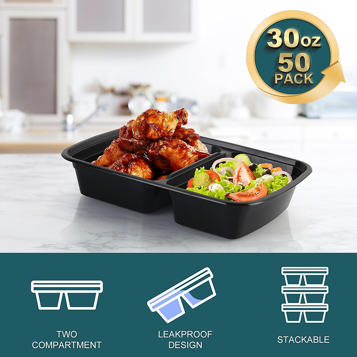 Meal Prep Containers 2 Compartment- 50Pack 30OZ Food Prep Containers With Lids, Disposable To Go Food Containers, Take Out, Stackable, Leakproof & Food Safe, Microwave, Freezer, Dishwasher Safe