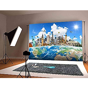 World Map Global Travel Backdrop 7x5ft Worldwide Famous Landmark Buildings Photography Background Newyork and Paris Eiffel Tower Backdrop Wallpaper Photo Booth Studio Props CHE005 LELEZ