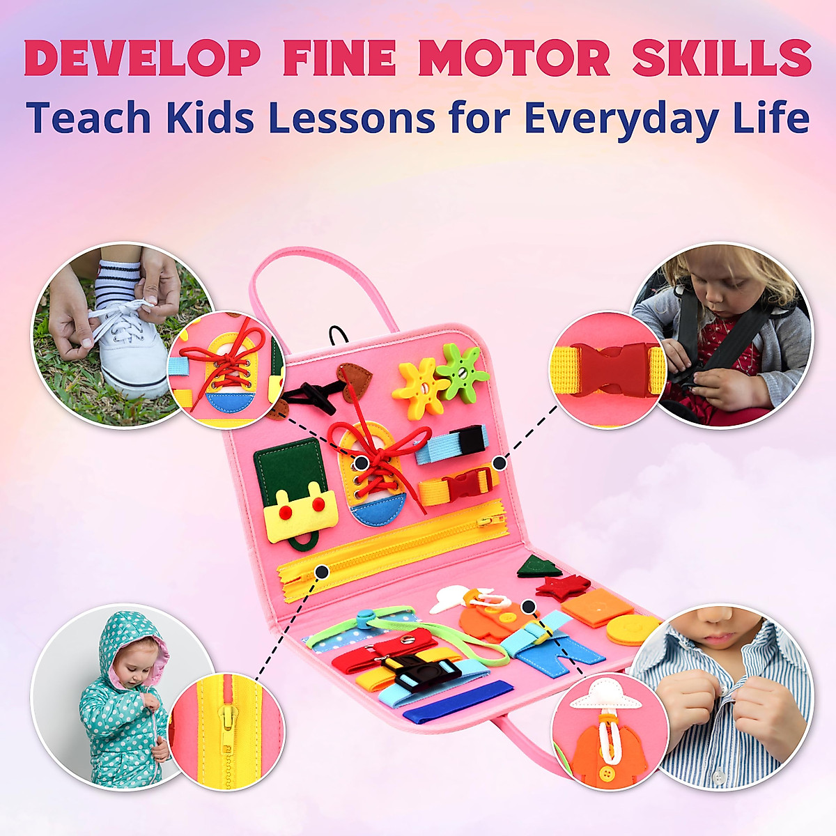 Bouncing Bobo Toddler Busy Board for 1 Year Old + Busy Book for Toddlers 1-3 with 25+ Educational Activities, Airplane Travel Essentials for Kids (Pink)