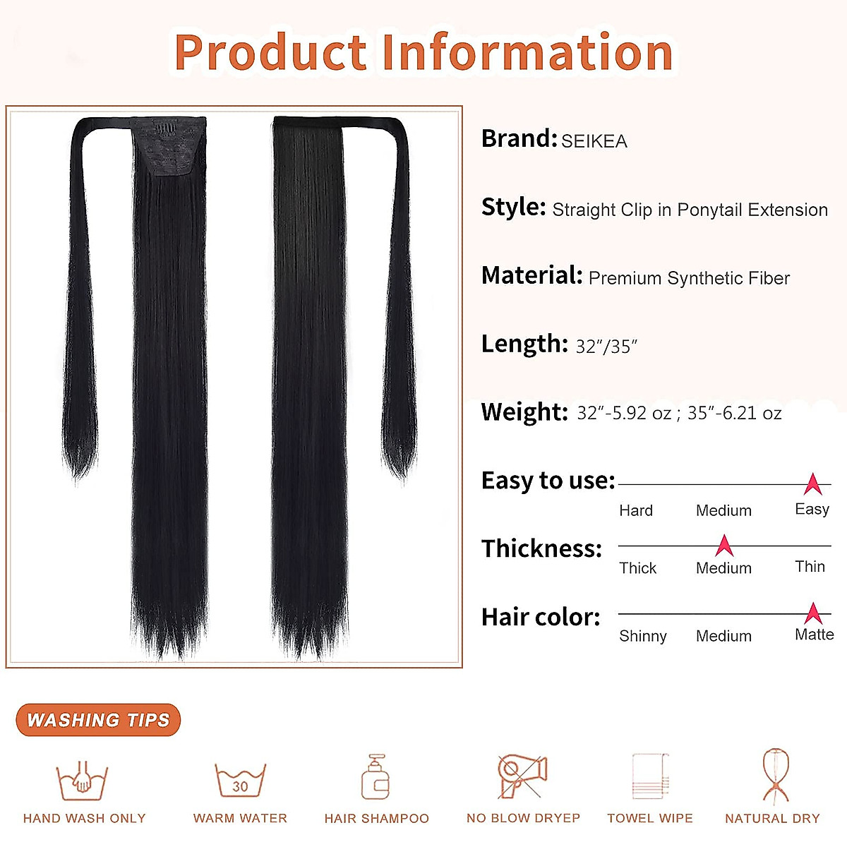 SEIKEA 35 Inch Clip in Ponytail Extension Wrap Around Long Straight Pony Tail Hair Synthetic Hairpiece for Women - Black
